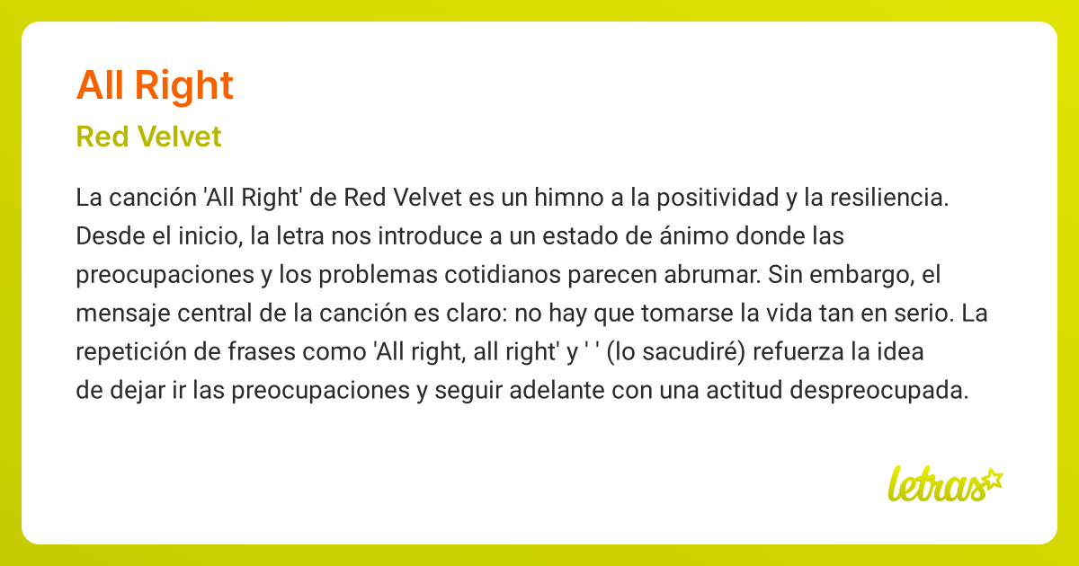 Significado de la canción ALL RIGHT (Red Velvet) - LETRAS.COM