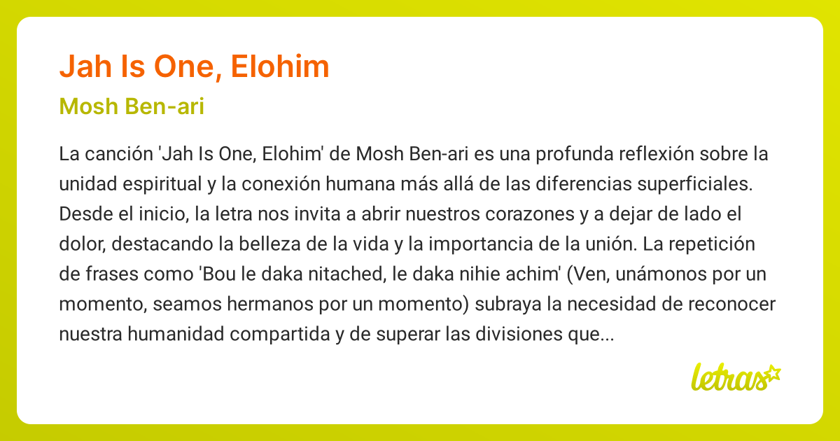Significado de la canción JAH IS ONE, ELOHIM (Mosh Ben-ari) - LETRAS.COM