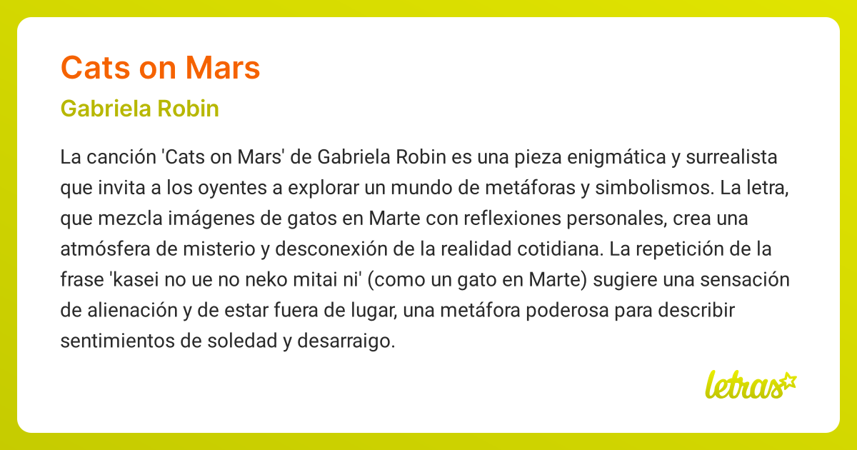 Significado de la canción CATS ON MARS (Gabriela Robin) - LETRAS.COM