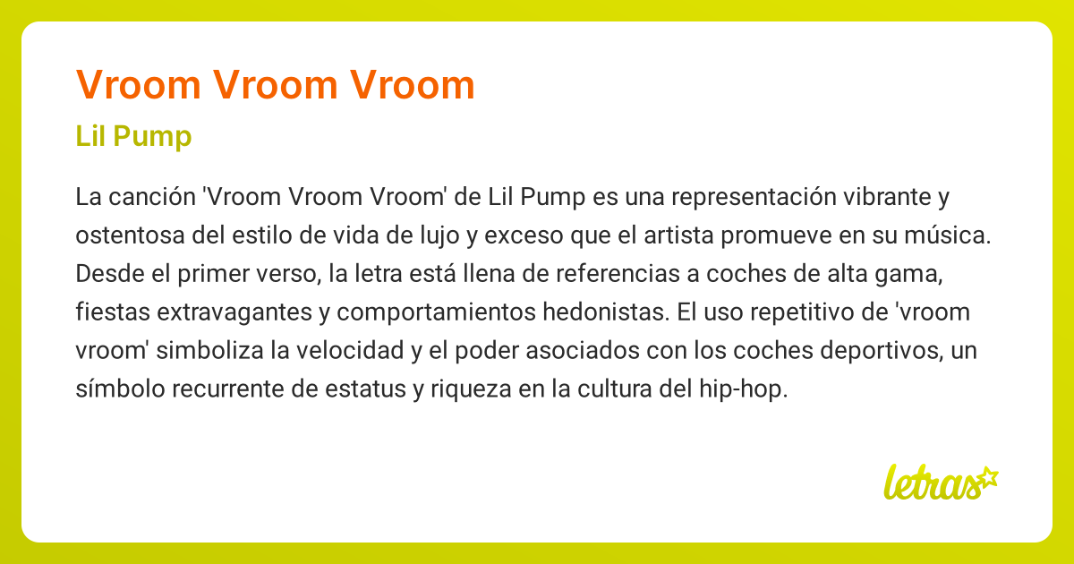 Significado de la canción VROOM VROOM VROOM (Lil Pump) - LETRAS.COM