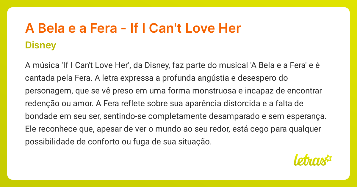 Significado da música A Bela e a Fera - If I Can't Love Her (Disney ...