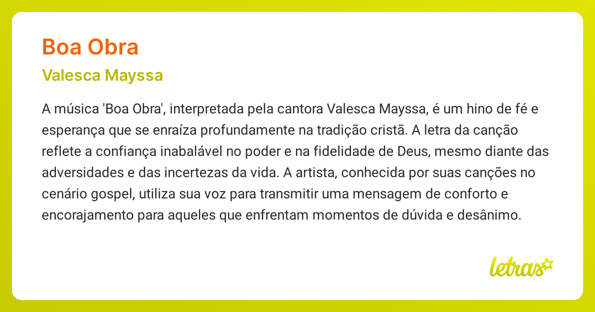 Significado da música BOA OBRA (Valesca Mayssa) - LETRAS.MUS.BR