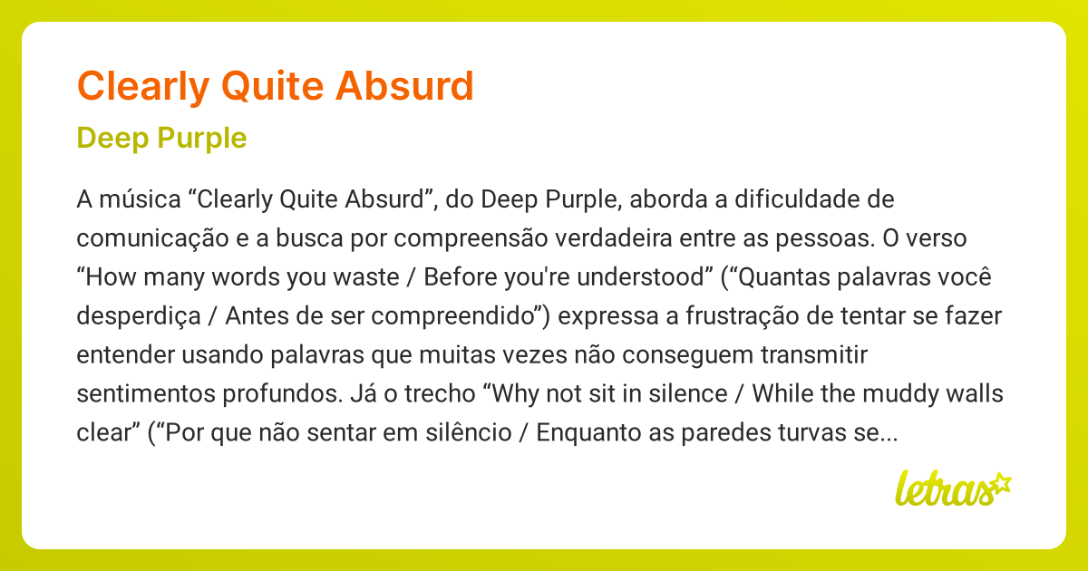 Significado da música CLEARLY QUITE ABSURD (Deep Purple) - LETRAS.MUS.BR