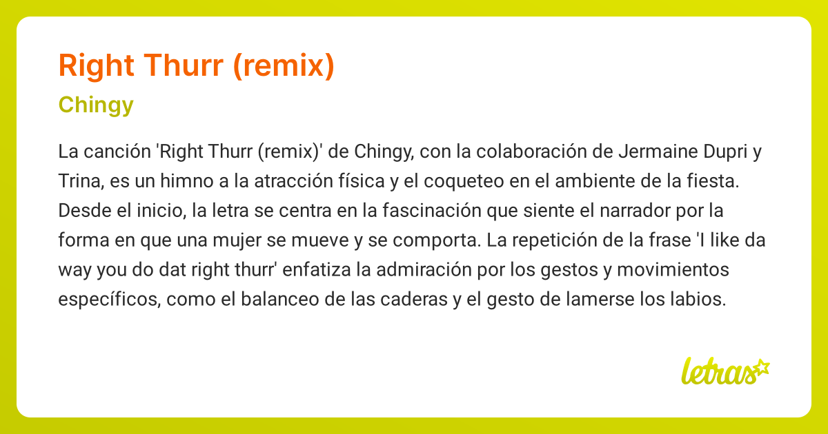 Significado de la canción RIGHT THURR (REMIX) (Chingy) - LETRAS.COM