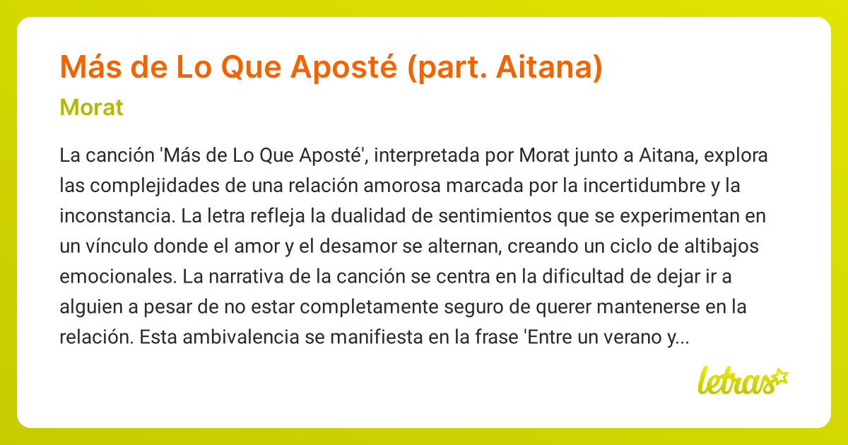 Significado de la canción Más de Lo Que Aposté (part. Aitana) (Morat ...