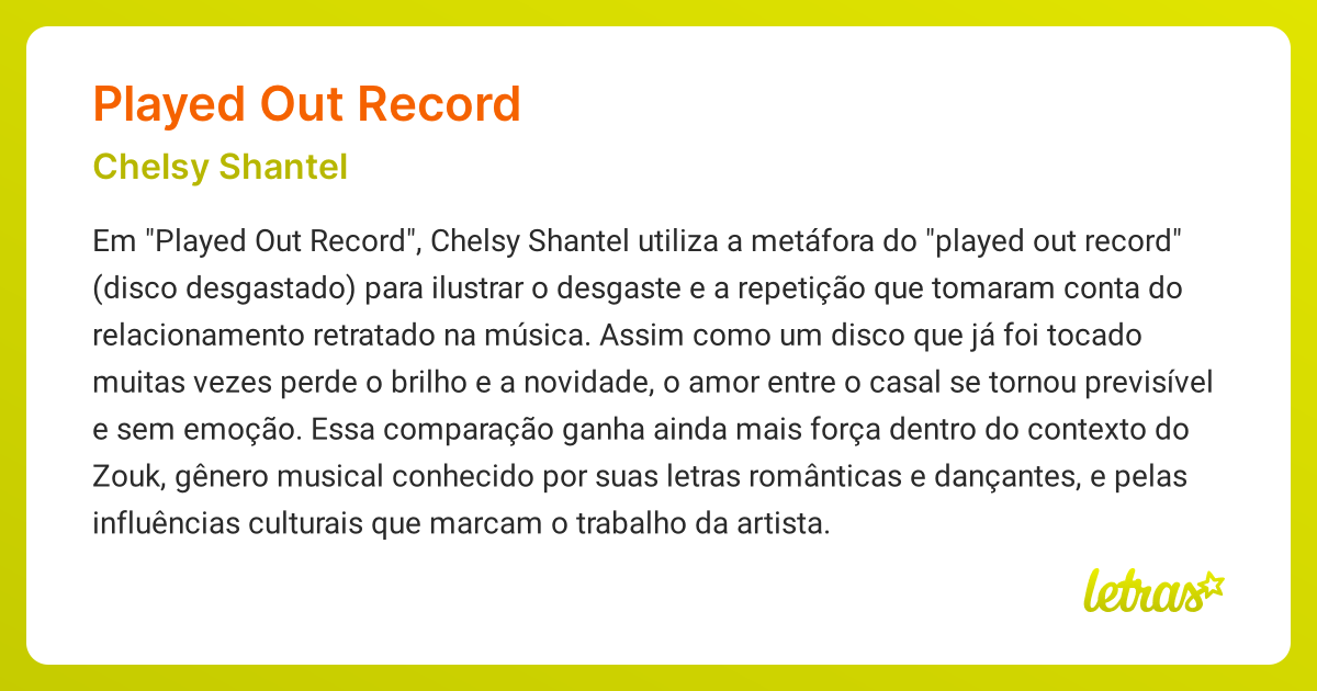 Significado da música PLAYED OUT RECORD (Chelsy Shantel) - LETRAS.MUS.BR