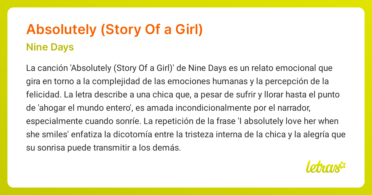 Significado de la canción ABSOLUTELY (STORY OF A GIRL) (Nine Days ...