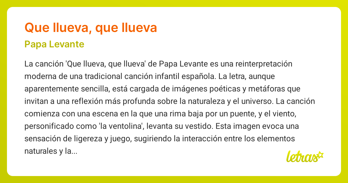 Significado de la canción QUE LLUEVA, QUE LLUEVA (Papa Levante ...