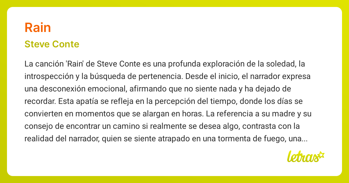 Significado de la canción RAIN (Steve Conte) - LETRAS.COM