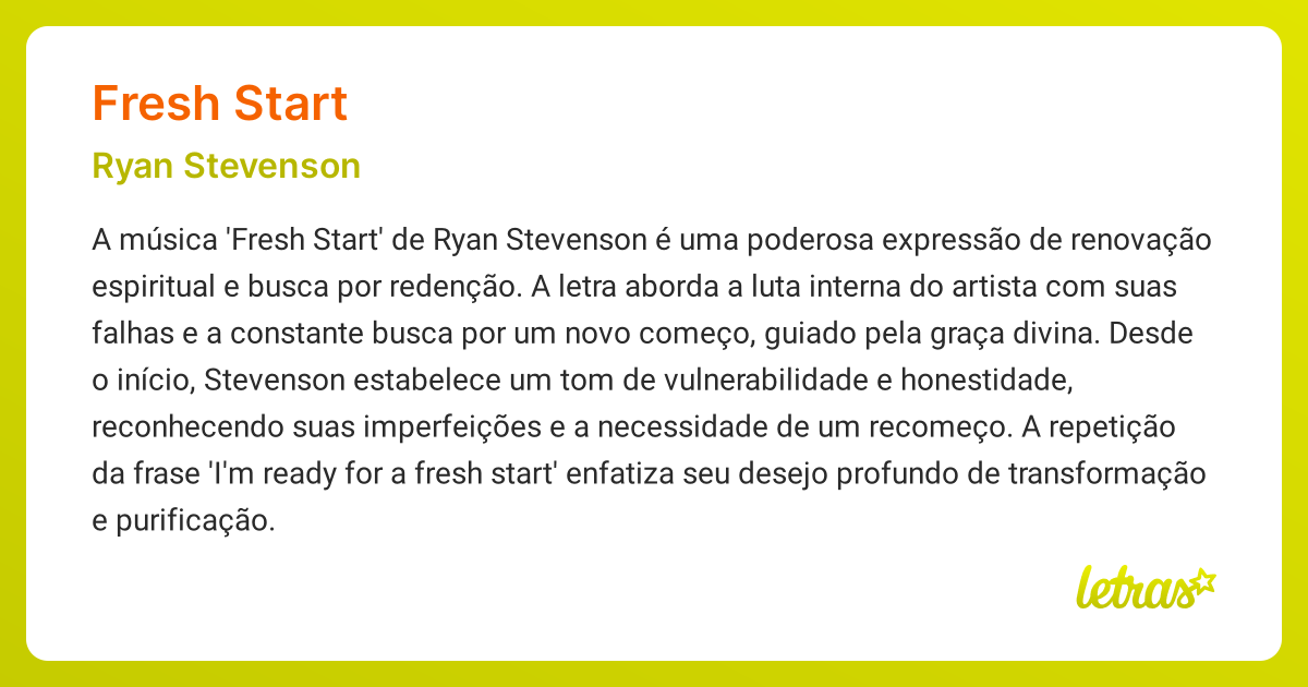 Significado da música FRESH START (Ryan Stevenson) - LETRAS.MUS.BR