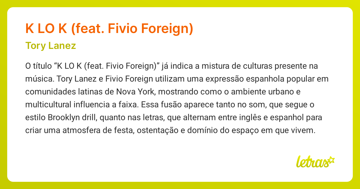 Significado da música K LO K (FEAT. FIVIO FOREIGN) (Tory Lanez ...