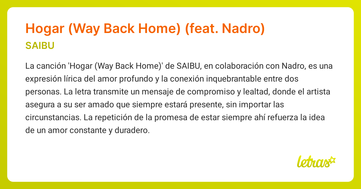 Significado de la canción Hogar (Way Back Home) (feat. Nadro) (SAIBU ...