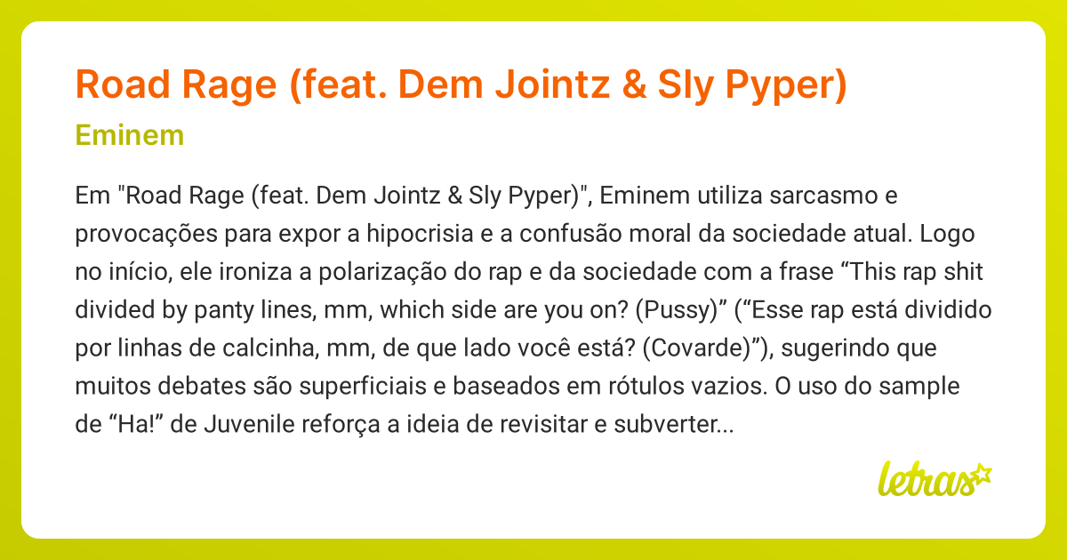 Significado da música Road Rage (feat. Dem Jointz & Sly Pyper) (Eminem ...