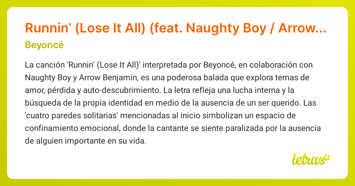 Significado de la canción Runnin’ (Lose It All) (feat. Naughty Boy / Arrow Benjamin) (Beyoncé ...