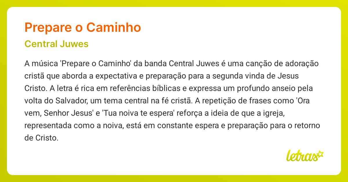 Significado da música PREPARE O CAMINHO (Central Juwes) - LETRAS.MUS.BR