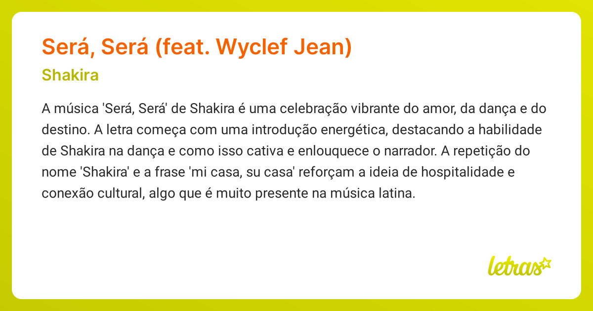 Significado da música Será, Será (feat. Wyclef Jean) (Shakira) - LETRAS ...