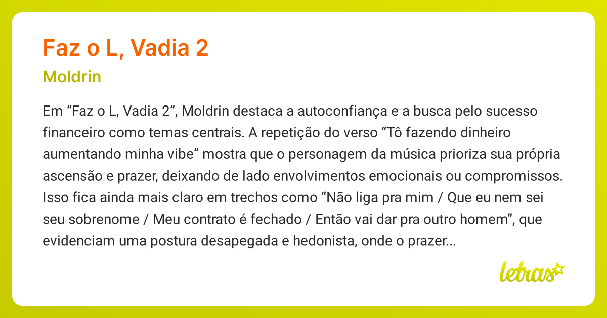Significado da música FAZ O L, VADIA 2 (Moldrin) - LETRAS.MUS.BR