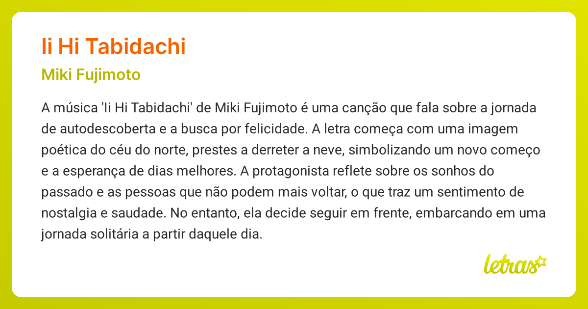 Significado da música II HI TABIDACHI (Miki Fujimoto) - LETRAS.MUS.BR