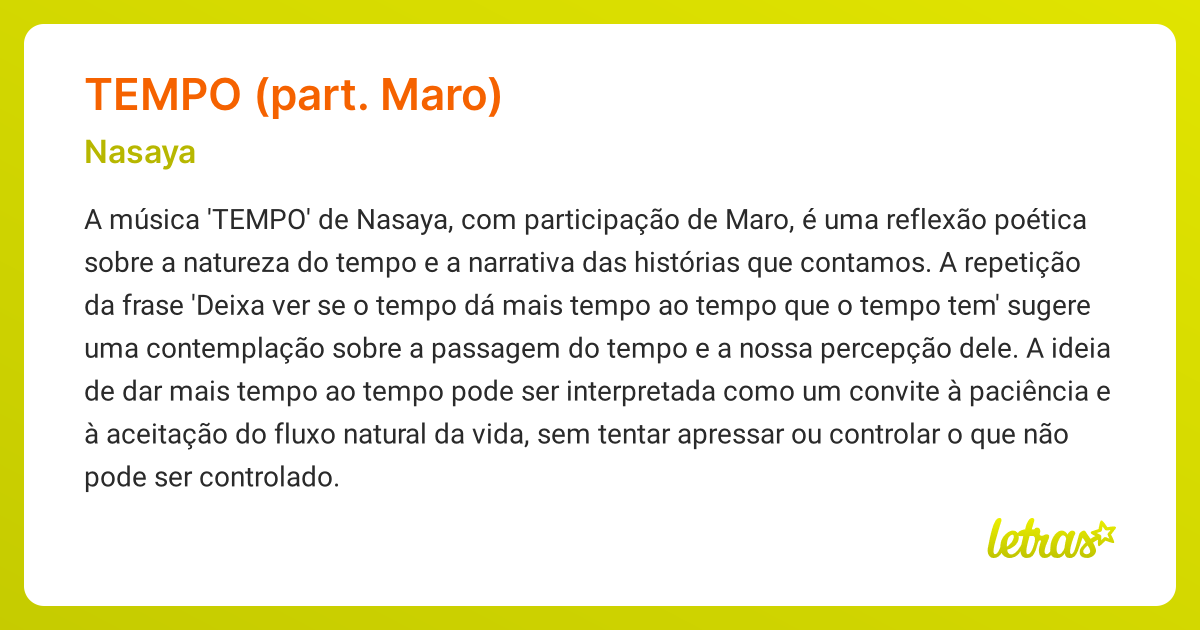 Significado da música TEMPO (PART. MARO) (Nasaya) - LETRAS.MUS.BR