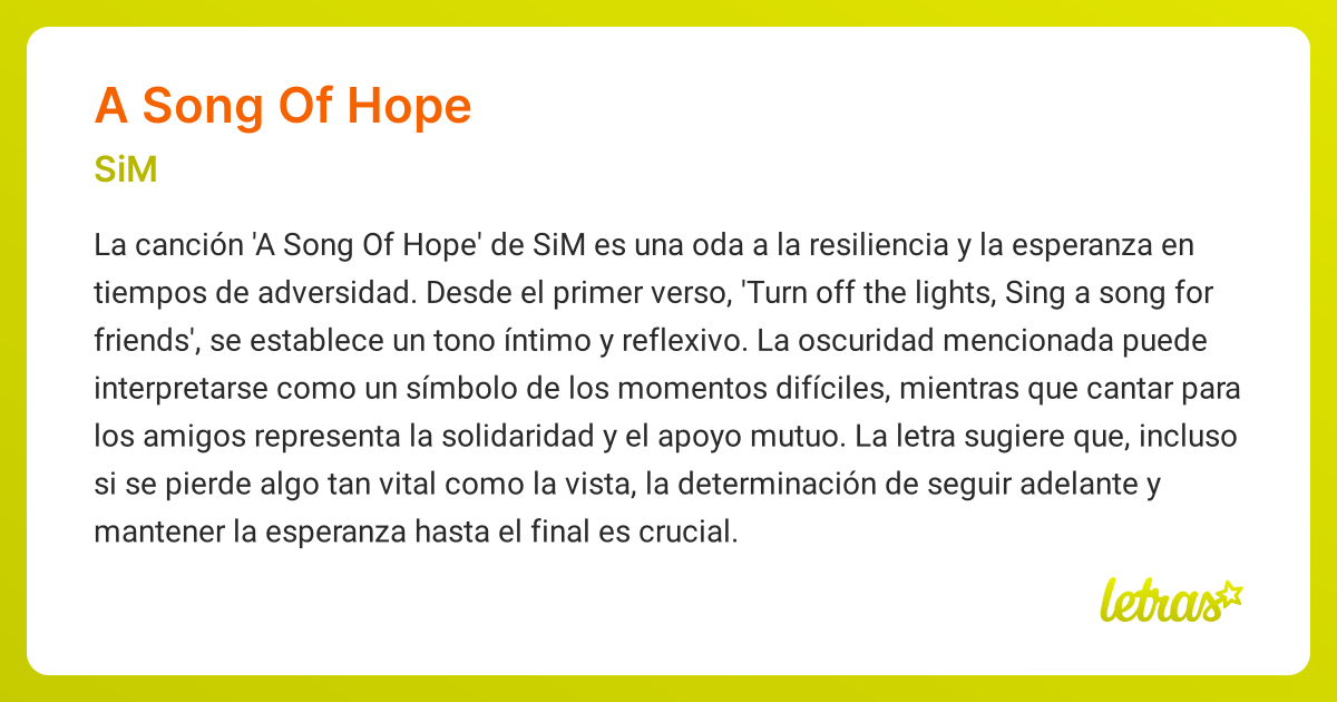 Significado de la canción A SONG OF HOPE (SiM) - LETRAS.COM