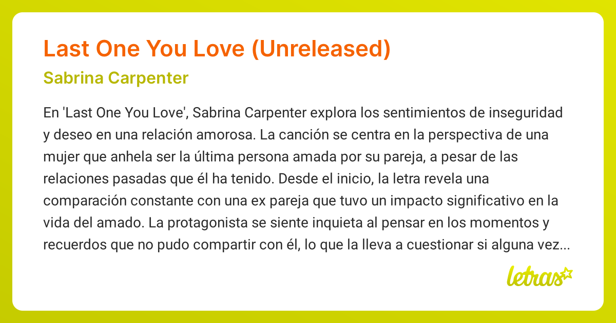 Significado de la canción LAST ONE YOU LOVE (UNRELEASED) (Sabrina ...