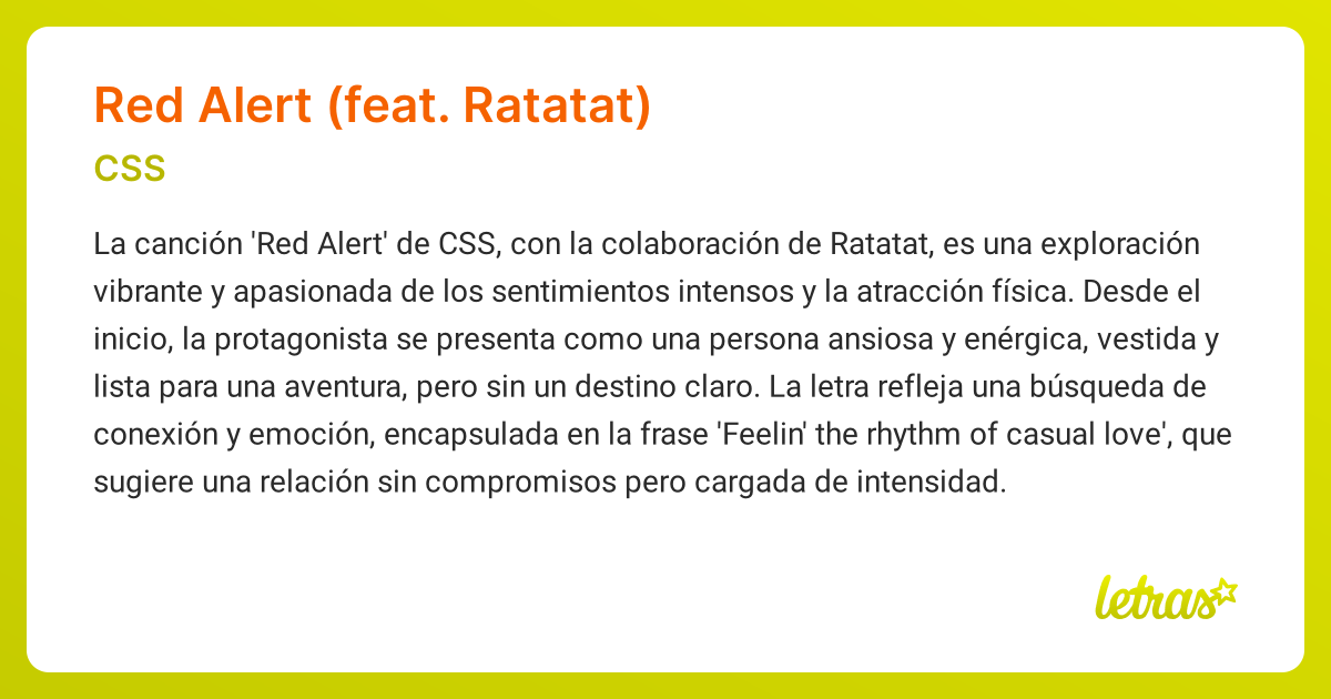 Significado de la canción RED ALERT (FEAT. RATATAT) (CSS) - LETRAS.COM