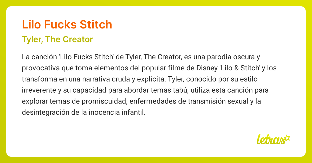 Significado de la canción LILO FUCKS STITCH (Tyler, The Creator) - LETRAS.COM