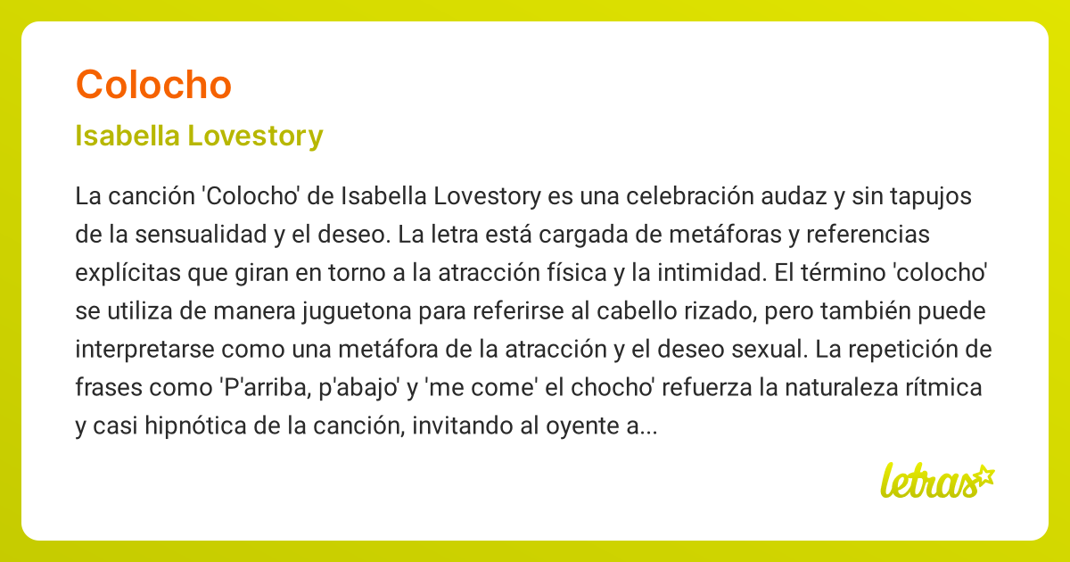 Significado de la canción COLOCHO (Isabella Lovestory) - LETRAS.COM