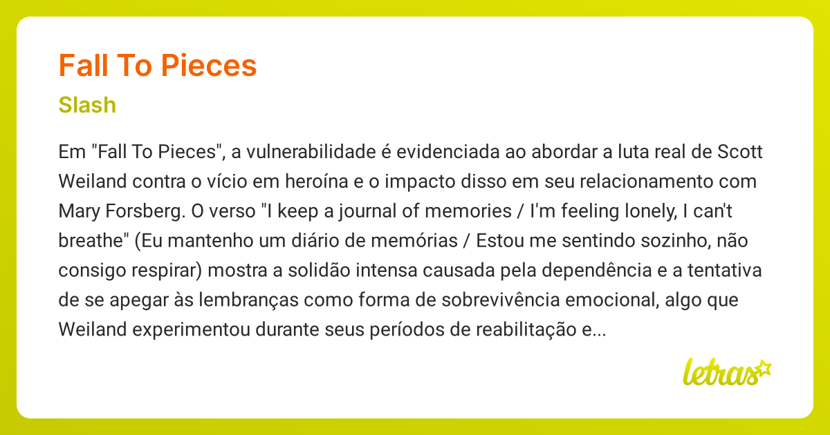 Significado da música FALL TO PIECES (Slash) - LETRAS.MUS.BR