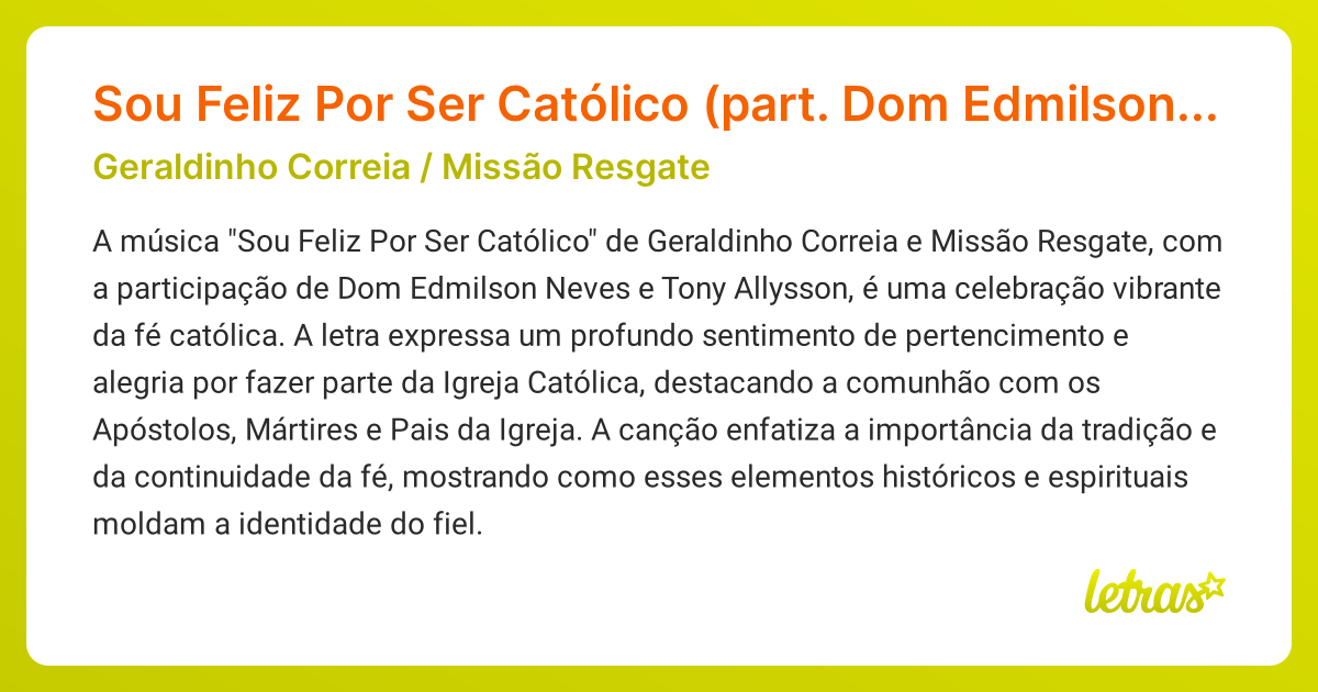 Significado da música Sou Feliz Por Ser Católico (part. Dom Edmilson ...