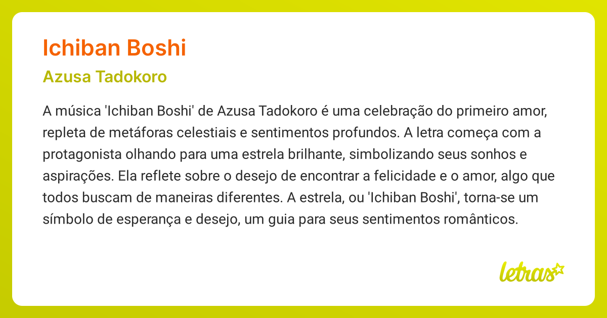 Significado da música ICHIBAN BOSHI (Azusa Tadokoro) - LETRAS.MUS.BR