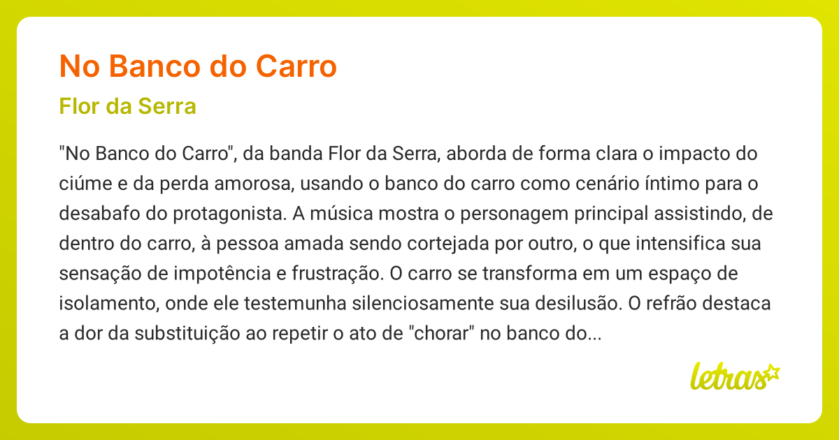 Significado da música NO BANCO DO CARRO (Flor da Serra) - LETRAS.MUS.BR