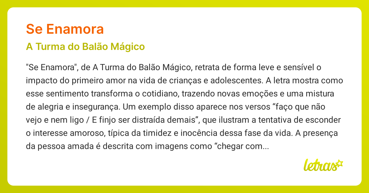 Significado da música SE ENAMORA (A Turma do Balão Mágico) - LETRAS.MUS.BR