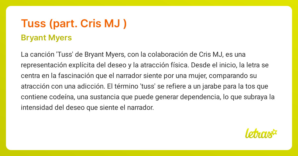 Significado de la canción TUSS (PART. CRIS MJ ) (Bryant Myers) - LETRAS.COM