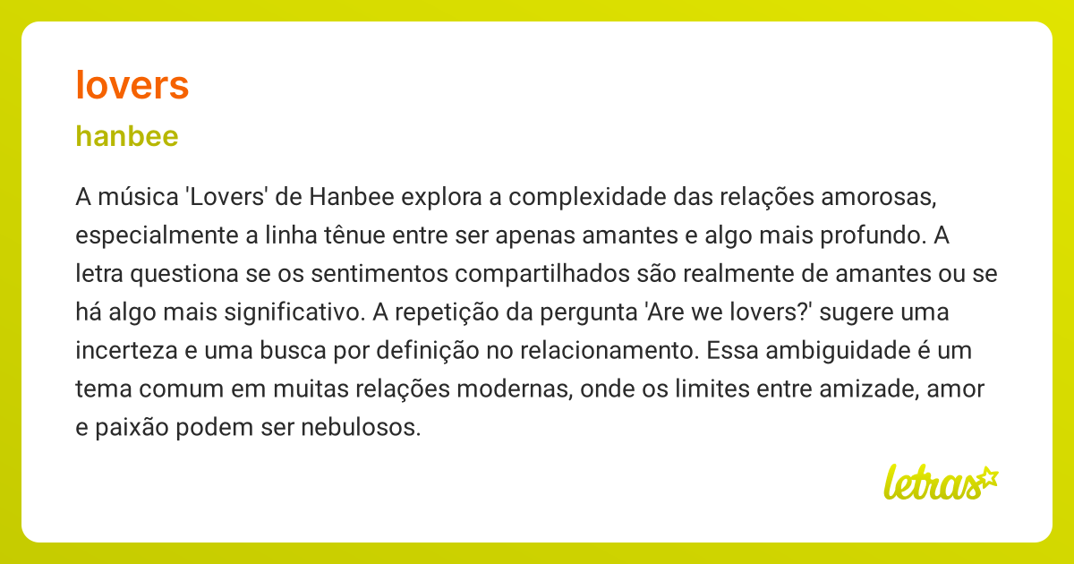 Significado da música LOVERS (hanbee) - LETRAS.MUS.BR