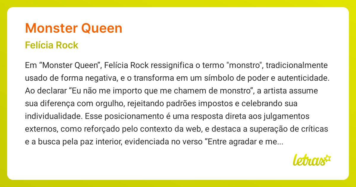 Significado da música MONSTER QUEEN (Felícia Rock) - LETRAS.MUS.BR