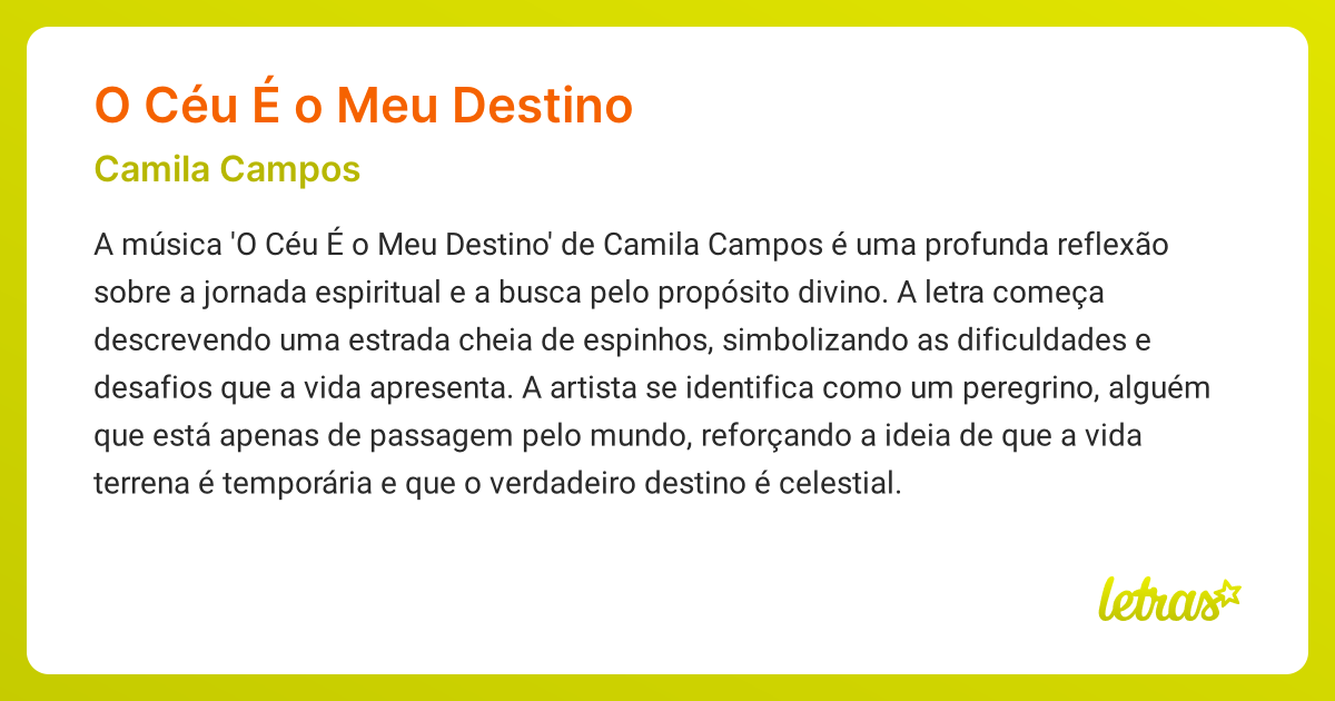 Significado da música O CÉU É O MEU DESTINO (Camila Campos) - LETRAS.MUS.BR