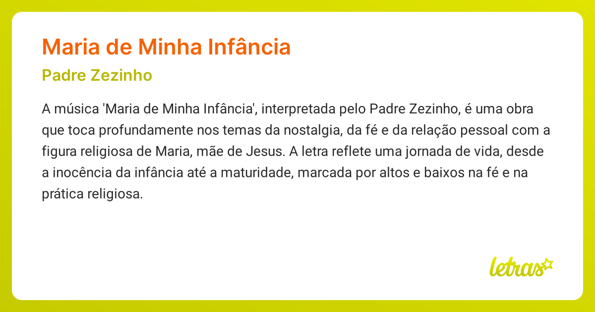 Significado da música MARIA DE MINHA INFÂNCIA (Padre Zezinho) - LETRAS ...