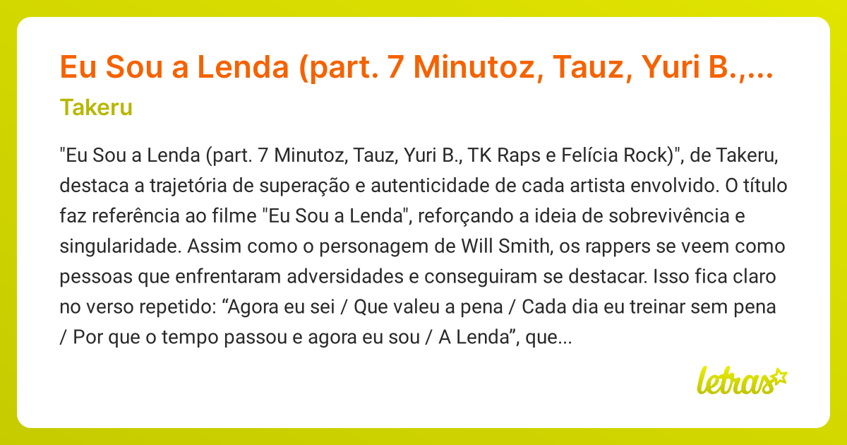 Significado da música Eu Sou a Lenda (part. 7 Minutoz, Tauz, Yuri B ...
