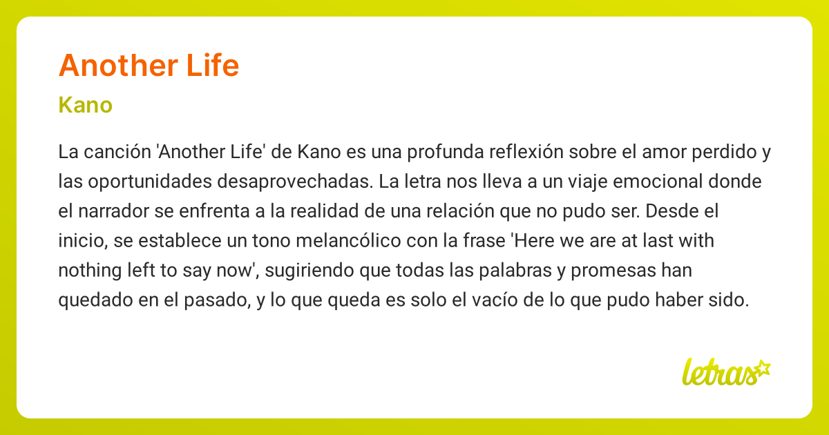 Significado de la canción ANOTHER LIFE (Kano) - LETRAS.COM