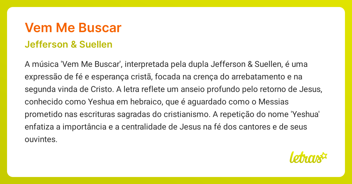 Significado da música VEM ME BUSCAR (Jefferson & Suellen) - LETRAS.MUS.BR