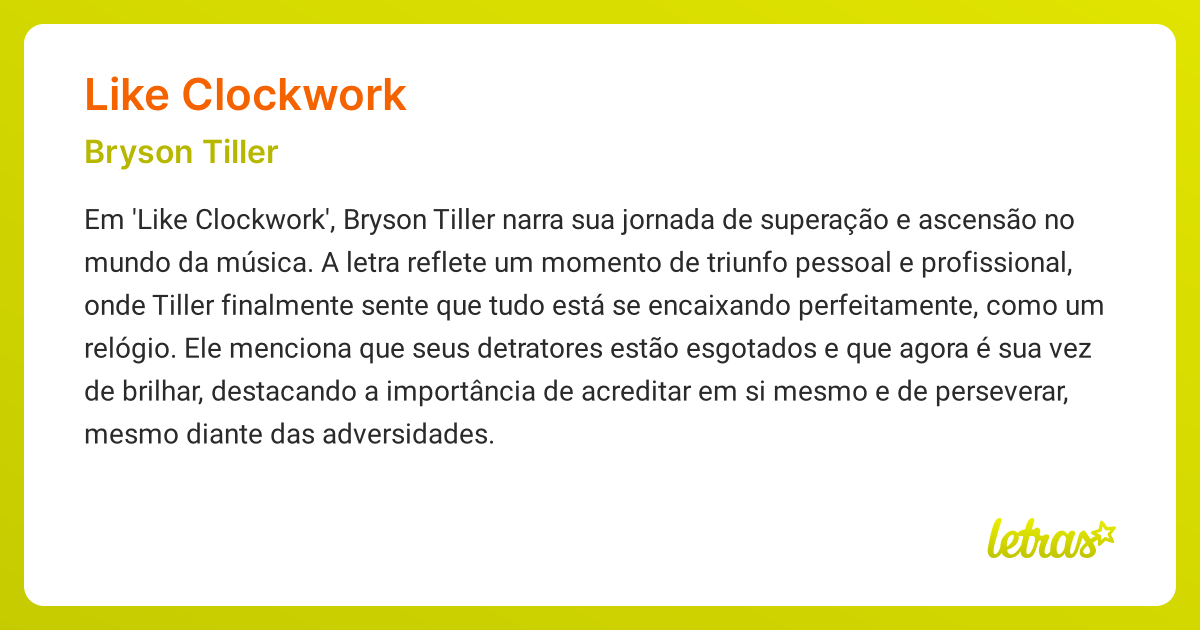 Significado da música LIKE CLOCKWORK (Bryson Tiller) - LETRAS.MUS.BR