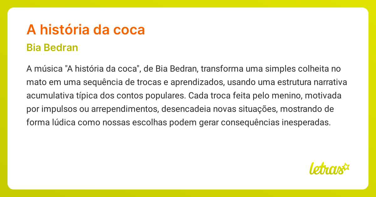 Significado da música A HISTÓRIA DA COCA (Bia Bedran) - LETRAS.MUS.BR
