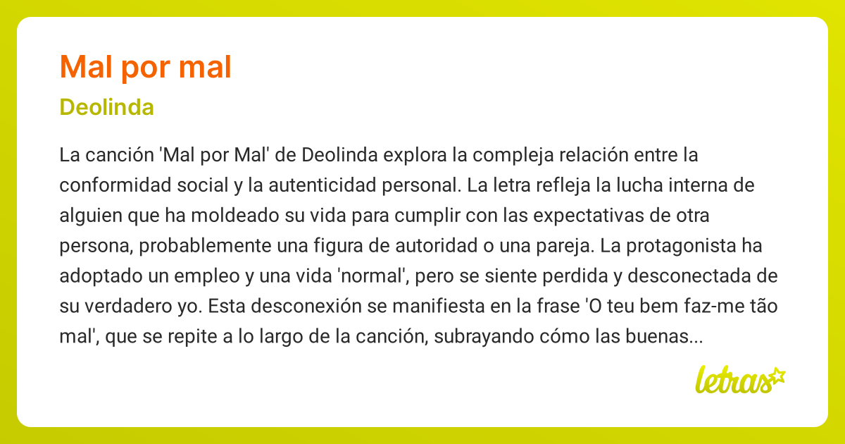 Significado de la canción MAL POR MAL (Deolinda) - LETRAS.COM