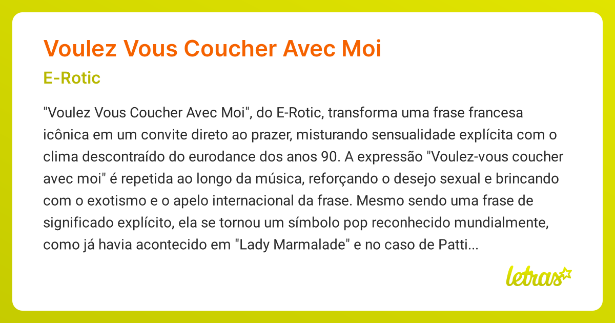 Significado da música VOULEZ VOUS COUCHER AVEC MOI (E-Rotic) - LETRAS ...