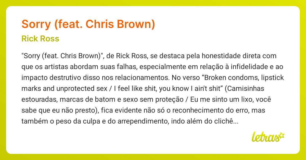 Significado da música SORRY (FEAT. CHRIS BROWN) (Rick Ross) - LETRAS.MUS.BR