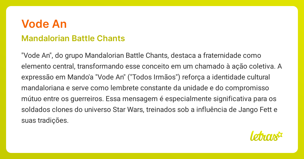 Significado da música VODE AN (Mandalorian Battle Chants) - LETRAS.MUS.BR