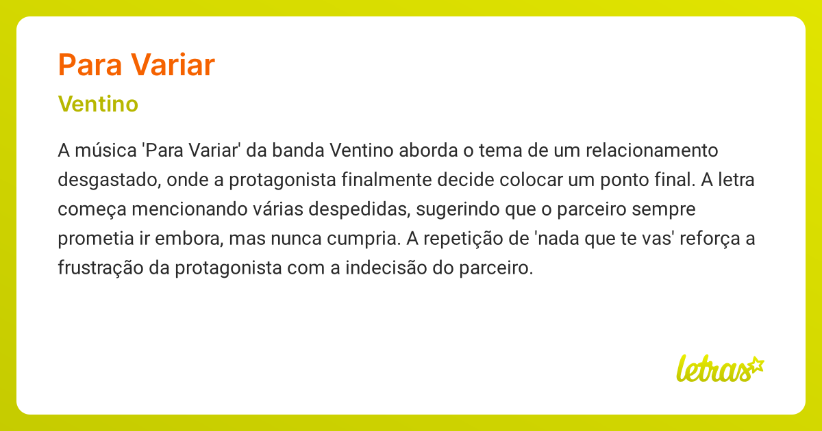 Significado da música PARA VARIAR (Ventino) - LETRAS.MUS.BR