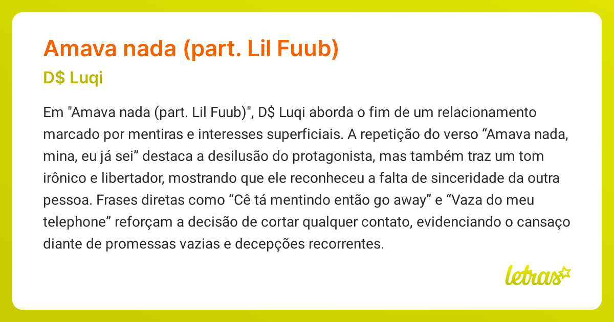 Significado da música AMAVA NADA (PART. LIL FUUB) (D$ Luqi) - LETRAS.MUS.BR