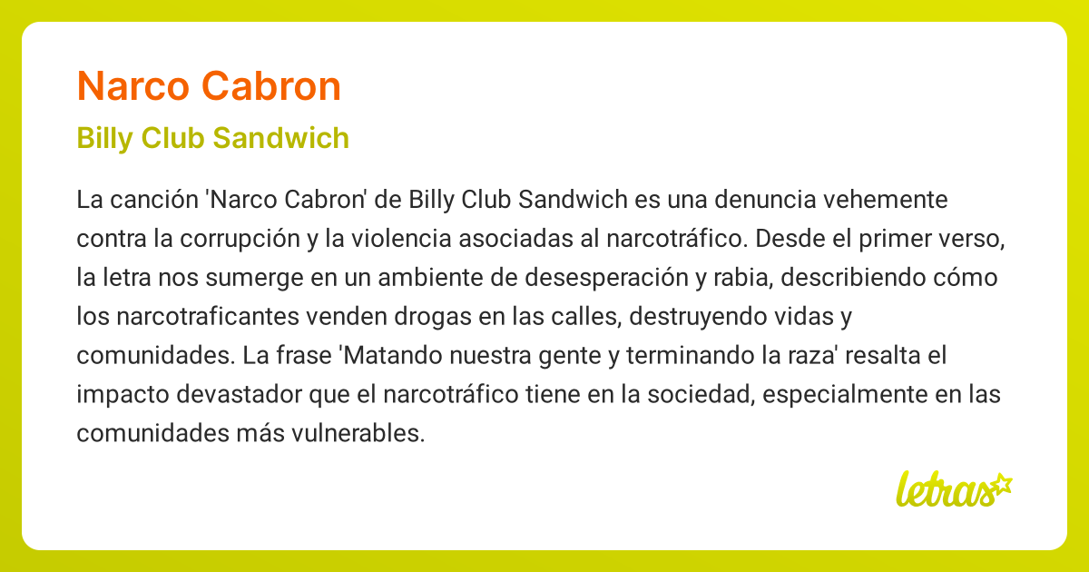 Significado de la canción NARCO CABRON (Billy Club Sandwich) - LETRAS.COM